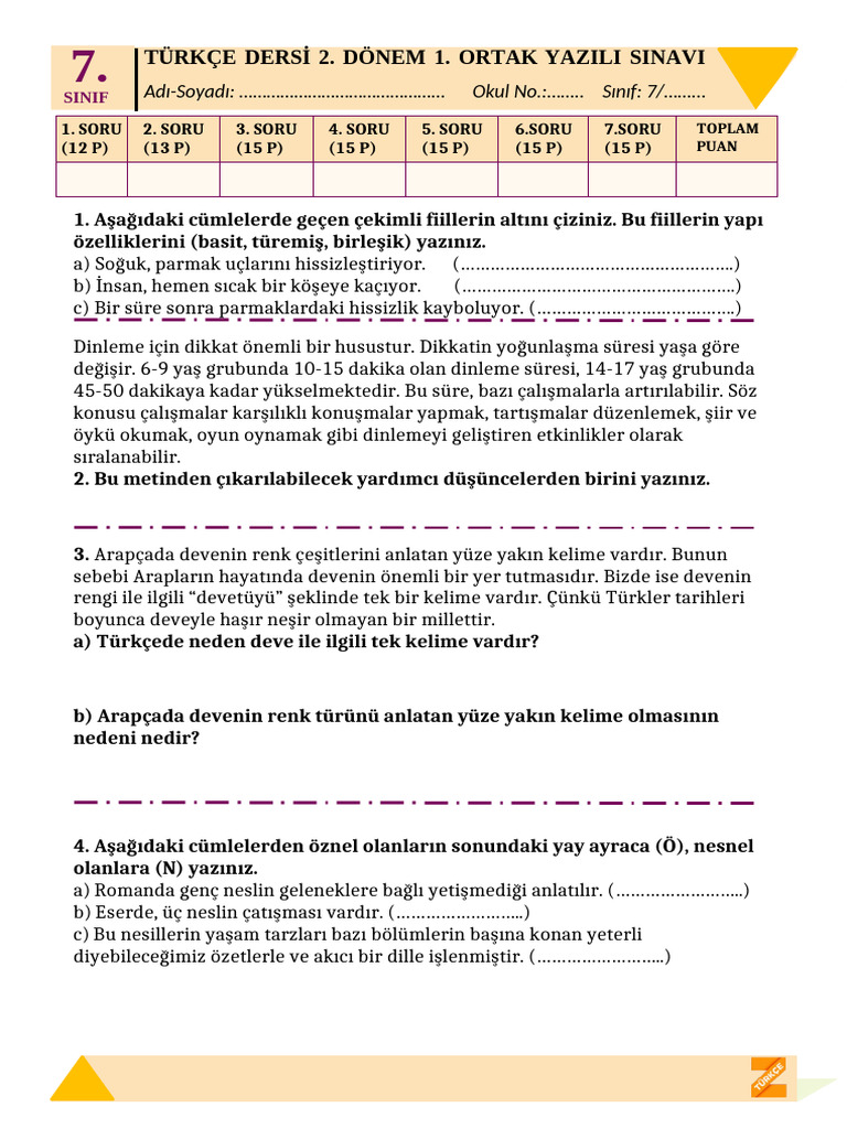 7.sinif 2. Donem 1.yazili Z Turkce Ortak Sinav 7 Soru | PDF