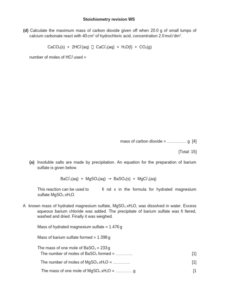 Stoichiometry Rev Ws Diy | PDF | Hydrochloric Acid | Chlorine