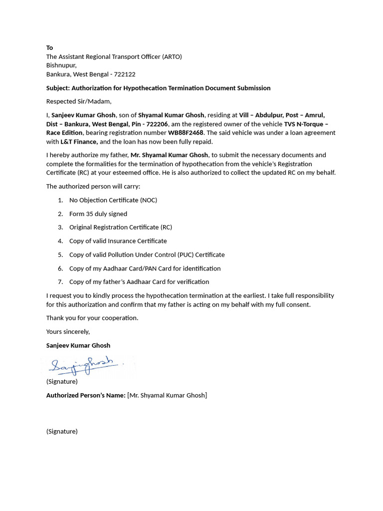 Authorization for Hypothecation Termination | PDF