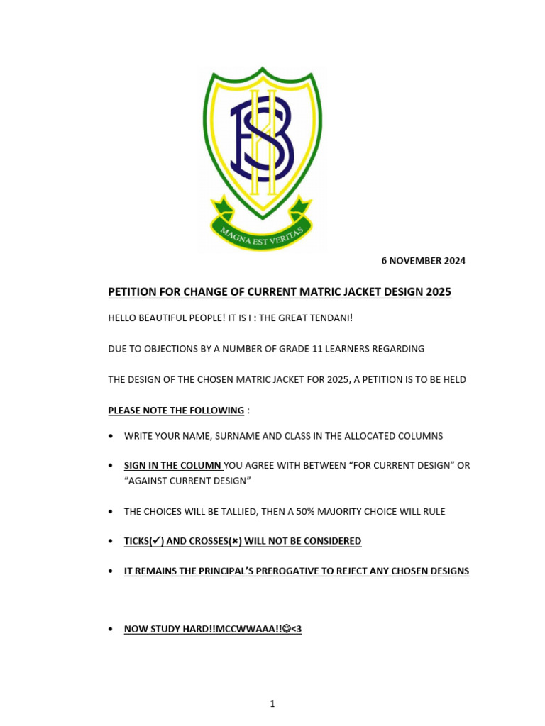 PETITION FOR CHANGE OF CURRENT MATRIC JACKET DESIGN 2025 | PDF
