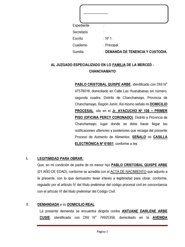 Demanda de Tenencia - PABLO CRISTOBAL QUISPE ARBE | PDF | Demanda judicial | Mandato