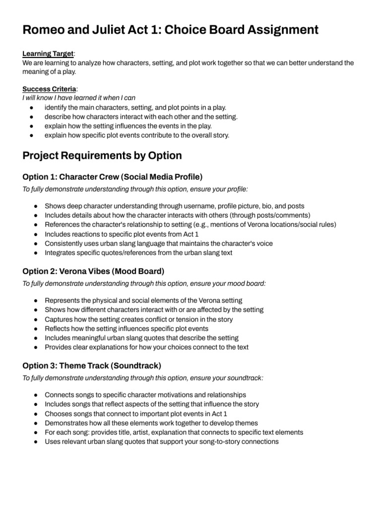 Romeo and Juliet Act 1_ Choice Board Assignment Rubric | PDF ...