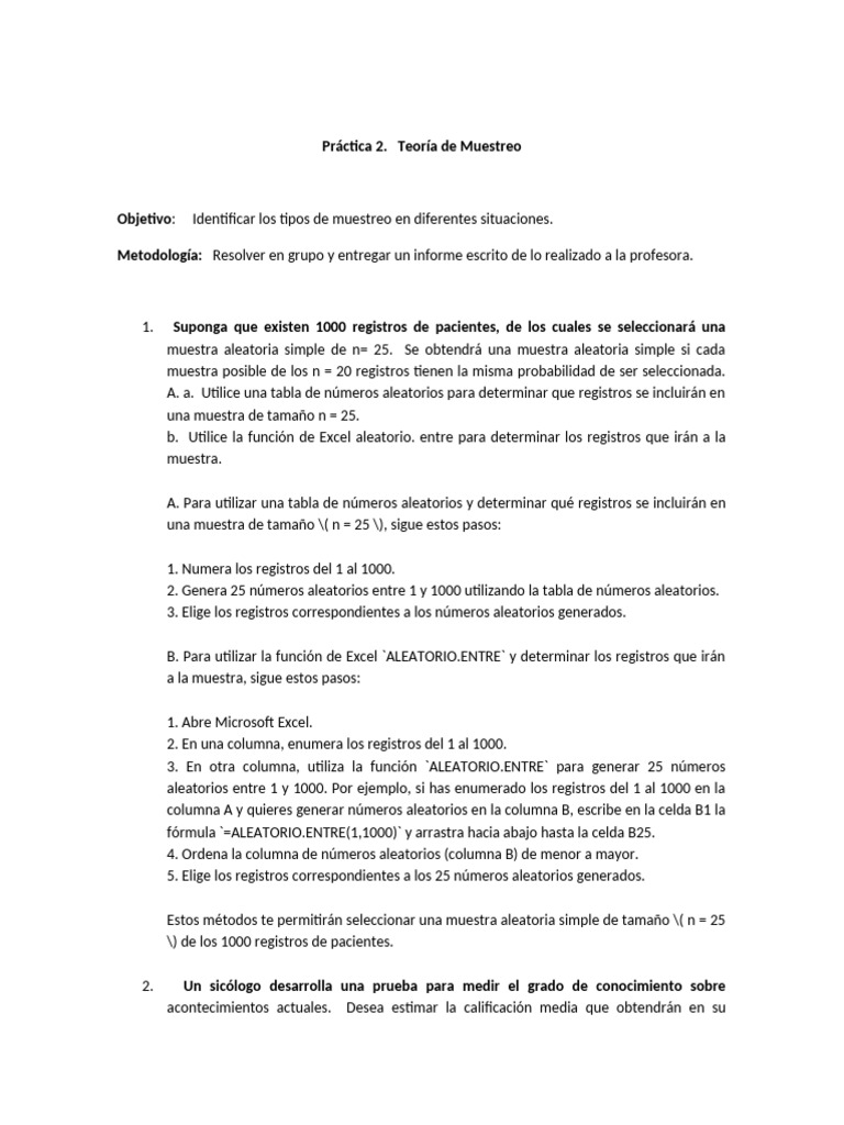 PR Ctica 2 Teor A de Muestreo | PDF | Muestreo (Estadísticas) | Método científico
