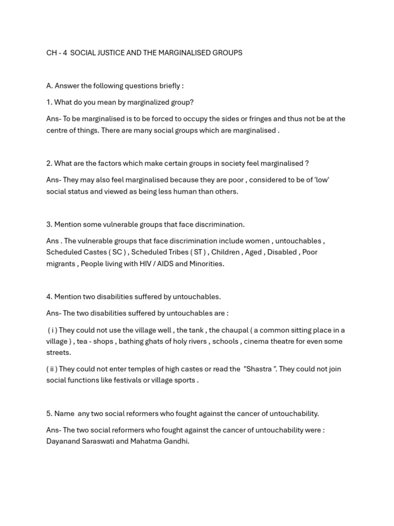 CH - 4 Social Justice and The Marginalised Groups. | PDF | Dalit ...