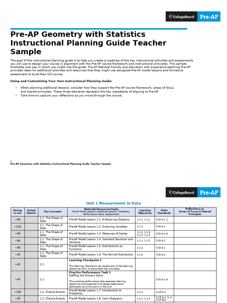 Pre AP Geometry With Statistics Instructional Planning Guide Teacher ...