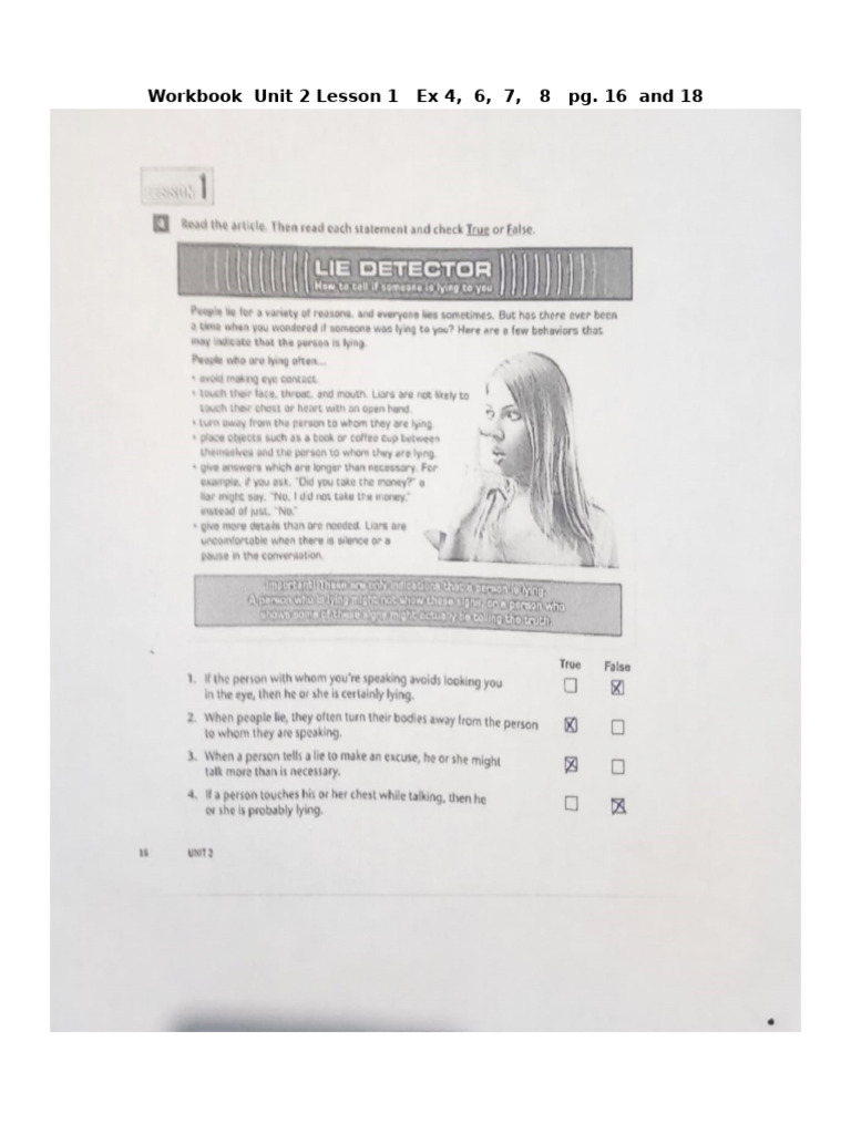 3.- Workbook Unit 2 Lesson 1 Ex 4, 6, 7, 8 pg. 16 and 18 | PDF