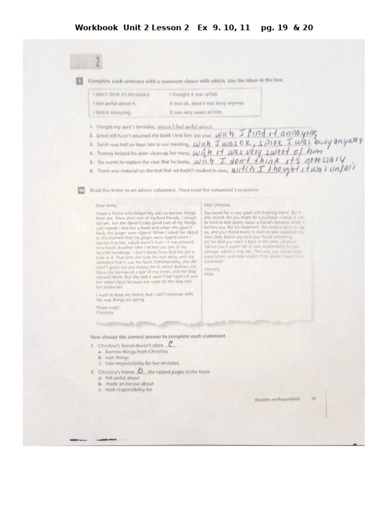 Workbook Unit 2 Lesson 2 Ex 9. 10, 11 Pg. 19 & 20 | PDF