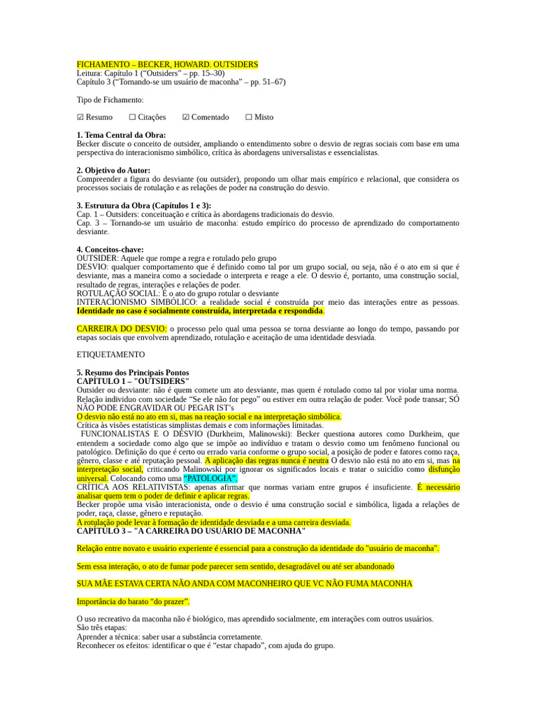 Fichamento: Outsiders de Howard Becker | PDF | Desvio (Sociologia ...