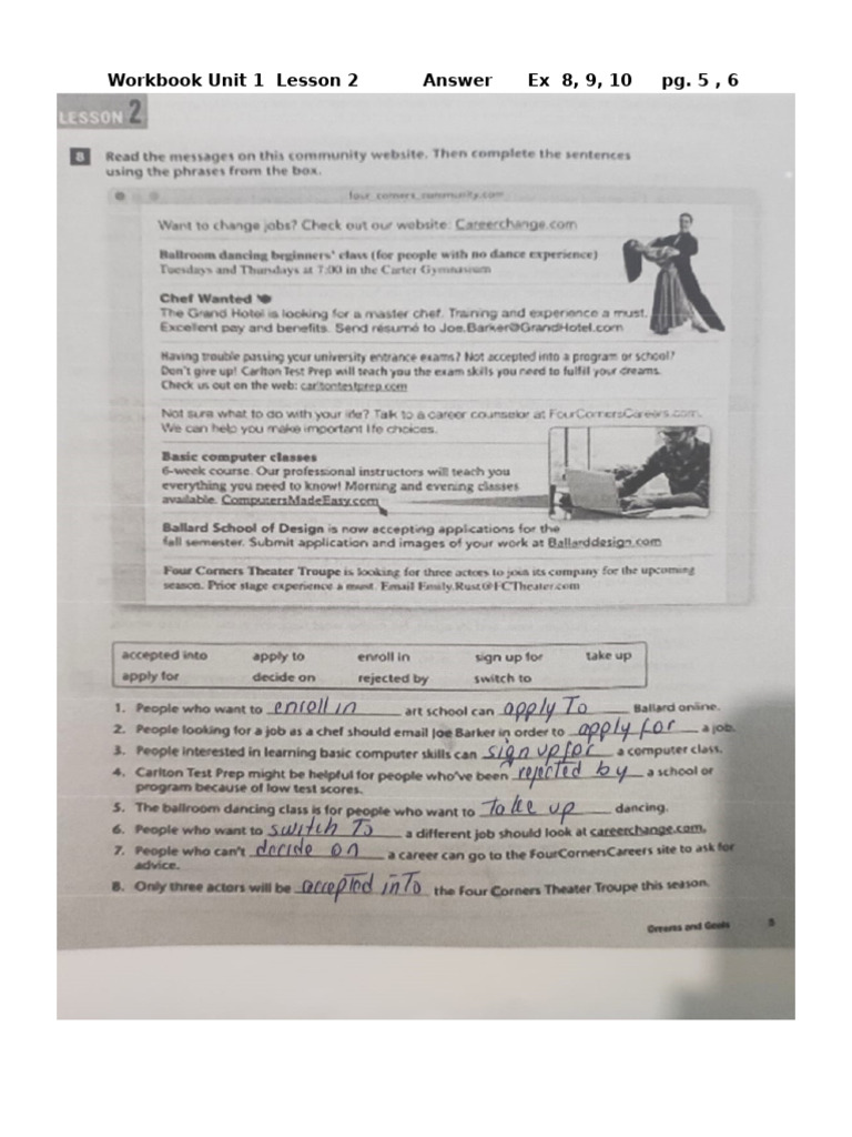 Workbook Unit 1 Lesson 2 Answer Ex 8, 9, 10 pg. 5 , 6 | PDF
