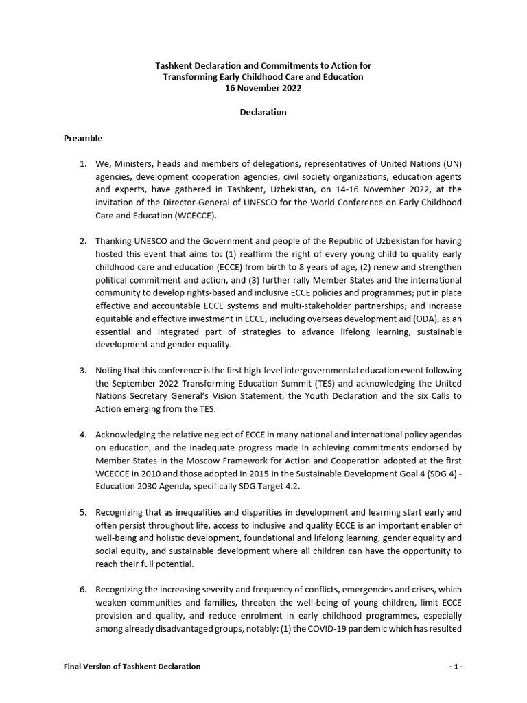 Tashkent Declaration on ECCE 2022 | PDF | Early Childhood Education ...