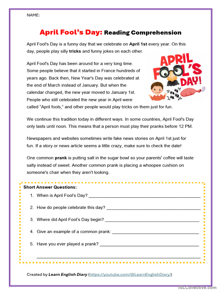 April Fool's Day Simple Reading Comprehension With Video | PDF | Jokes