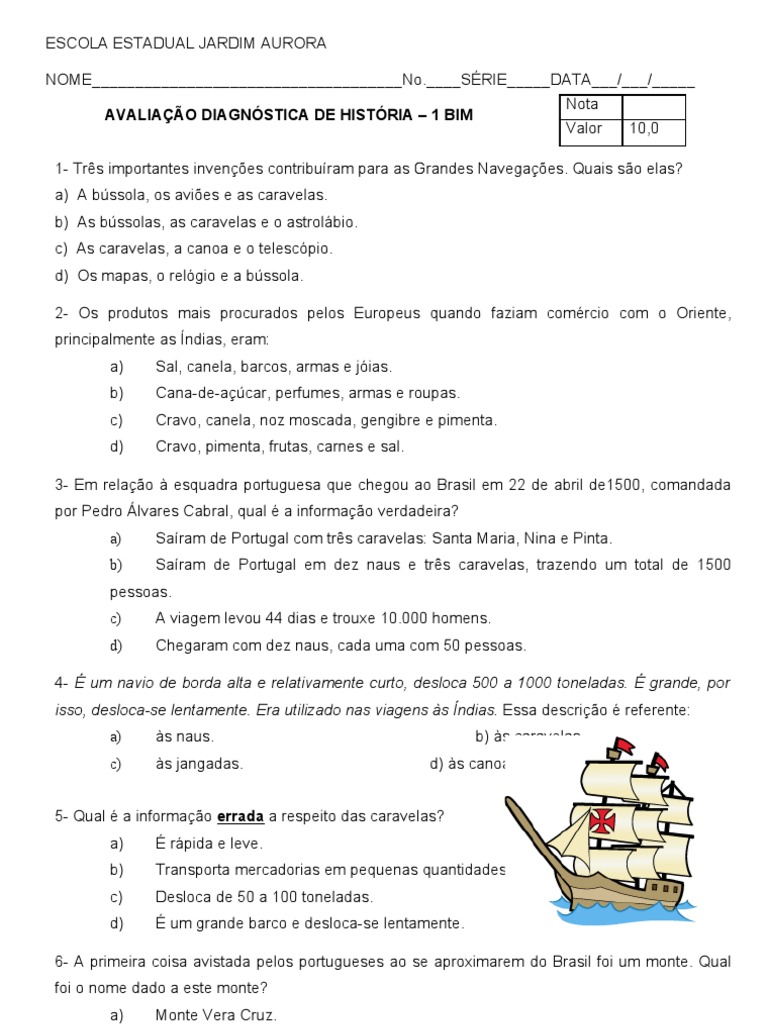 AVALIAÇÃO DIAGNÓSTICA DE HISTÓRIA – 1 BIM multipla escolha - 5º ano