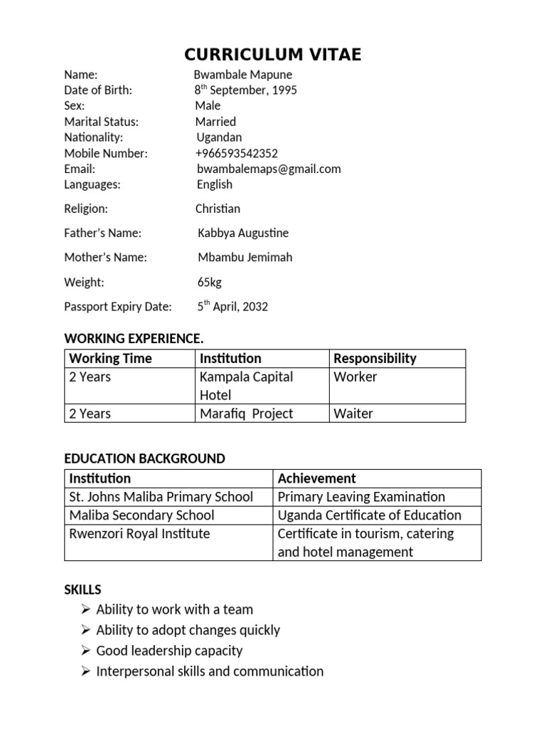 Bwambale Mapune's CV and Experience | PDF