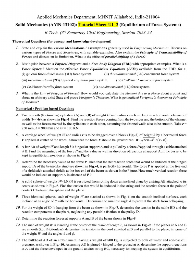 Tute Sheet-U1 - 2 (Equlibrium of Force Systems) - SM (AMN-13102) - Odd Sem 2023-24 | PDF