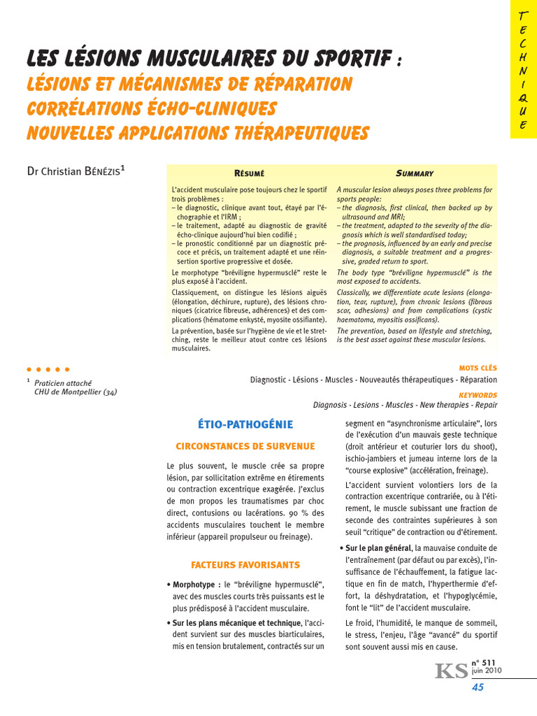 Lésions musculaires chez le sportif : diagnostic et réparation | PDF ...