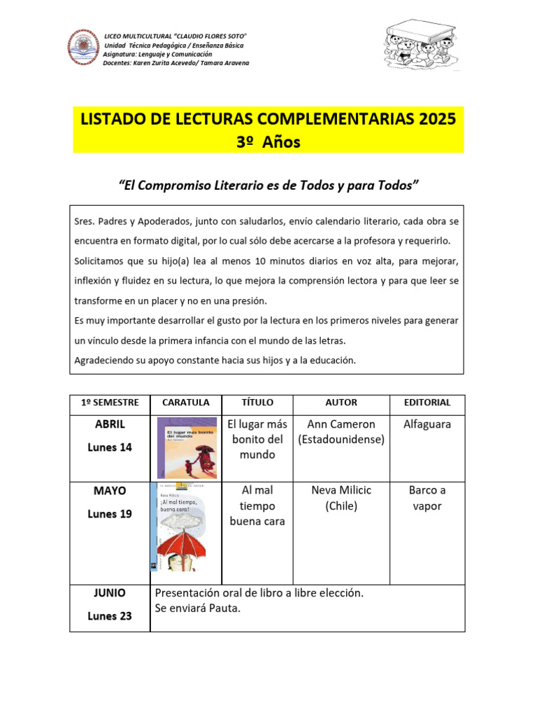 LISTADO DE LECTURAS COMPLEMENTARIAS 3° Básico 2025 | PDF | Aprendizaje