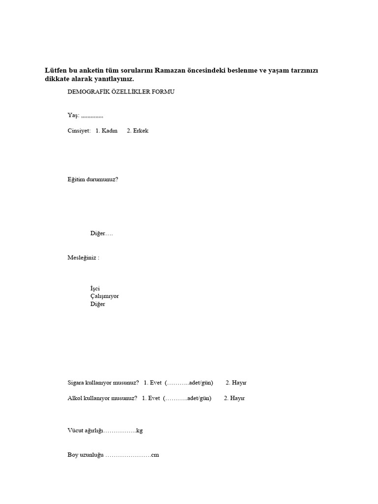 Anket Formu (Kafein1) | PDF