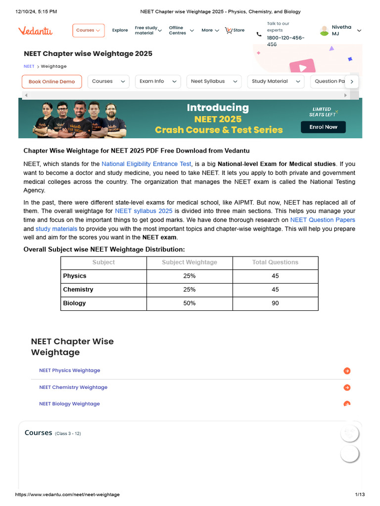NEET Chapter wise Weightage 2025 - Physics, Chemistry, and Biology ...