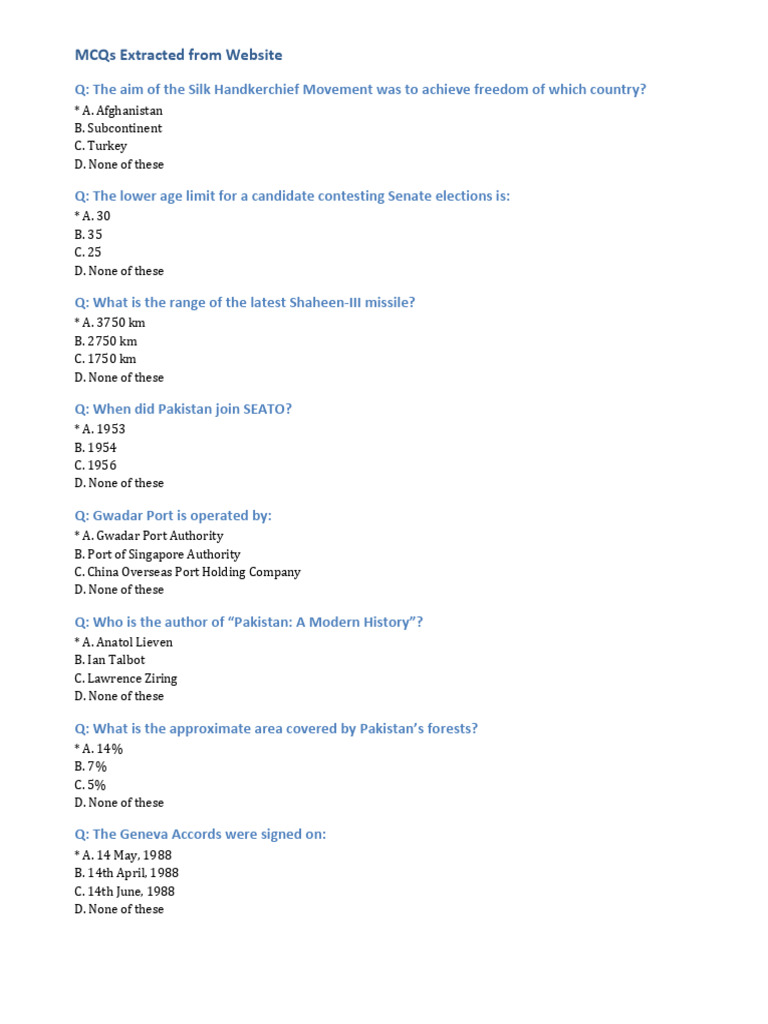 MCQs Pakistan Studies | PDF | Pakistan | Indus River