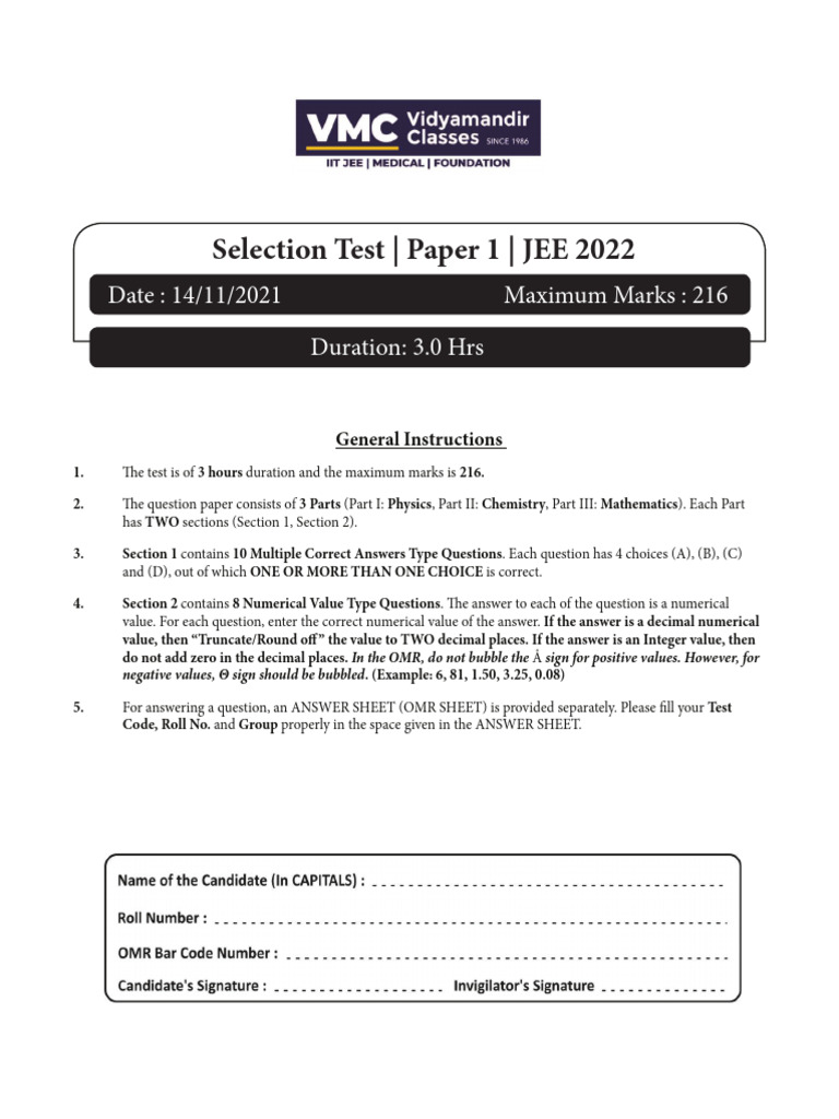 Selection Test Paper 1 | PDF | Pressure | Surface Tension