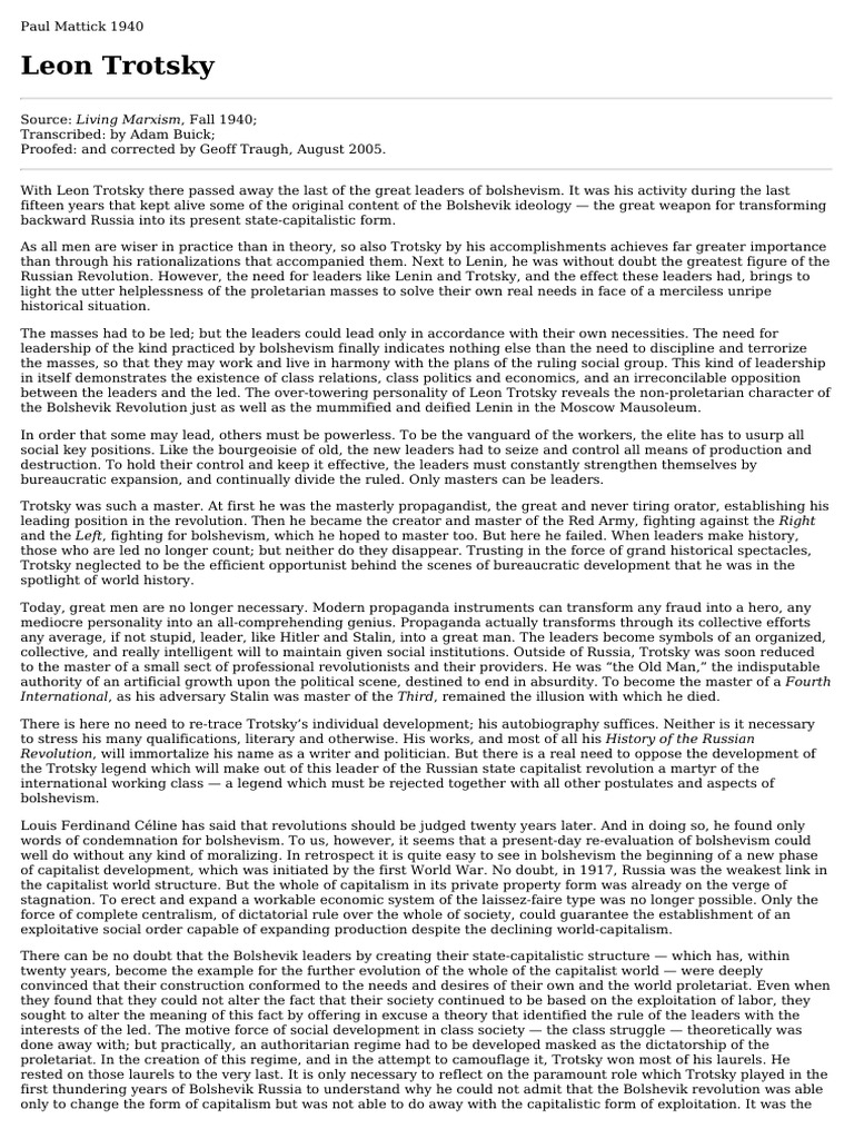 Leon Trotsky by Paul Mattick 1940 | PDF | Leon Trotsky | Bolsheviks