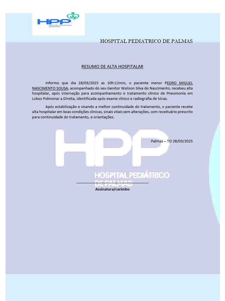 Resumo de Alta Hospitalar - Pedro Sousa | PDF