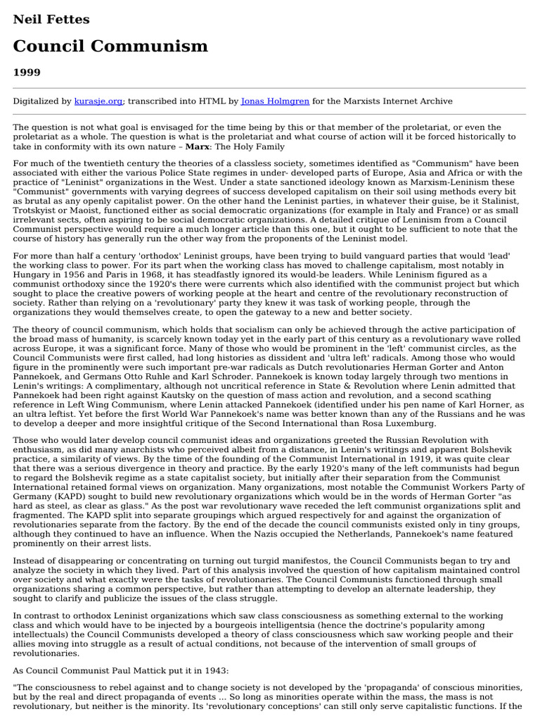 Neil Fettes - Council Communism (1999) | PDF | Communism | Leninism