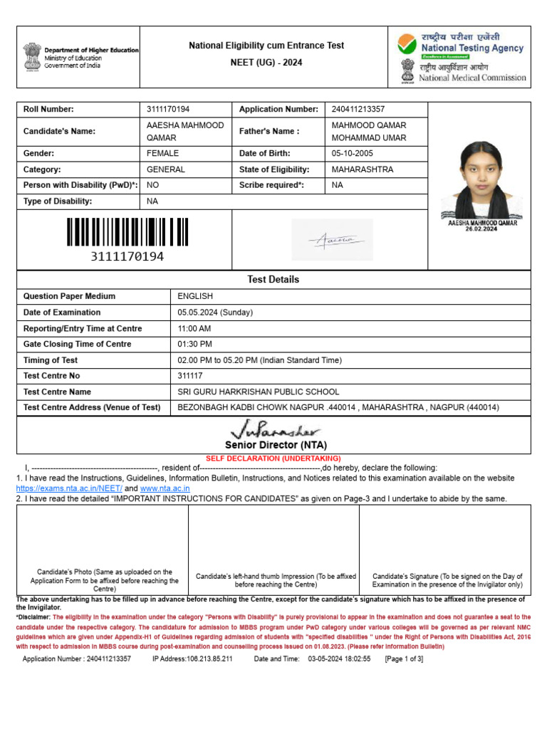 Neet Admit Card Final-Compressed | PDF | Identity Document