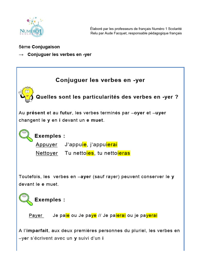 Conjugaison des verbes en -yer 5ème | PDF | Verbe | Linguistique