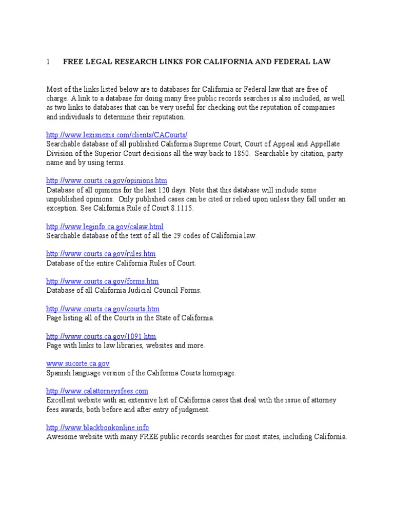 FREE Legal Research Links For California and Federal Law | PDF | Law Of ...