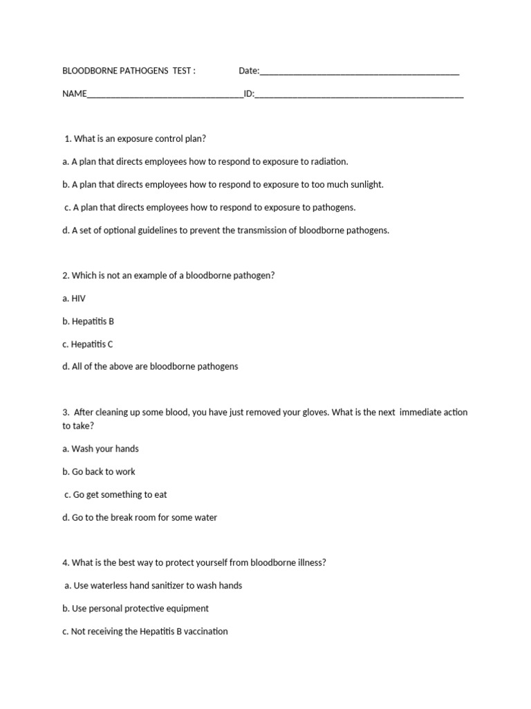 Bloodborne Pathogens Safety Quiz | PDF | Disinfectant | Pathogen
