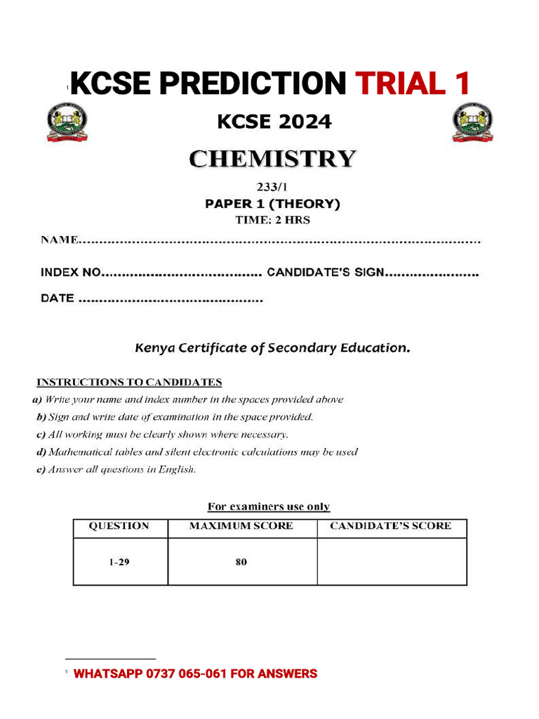 Chem PP1-3 Kcse Prediction 2024 | PDF | Chemical Reactions | Sodium