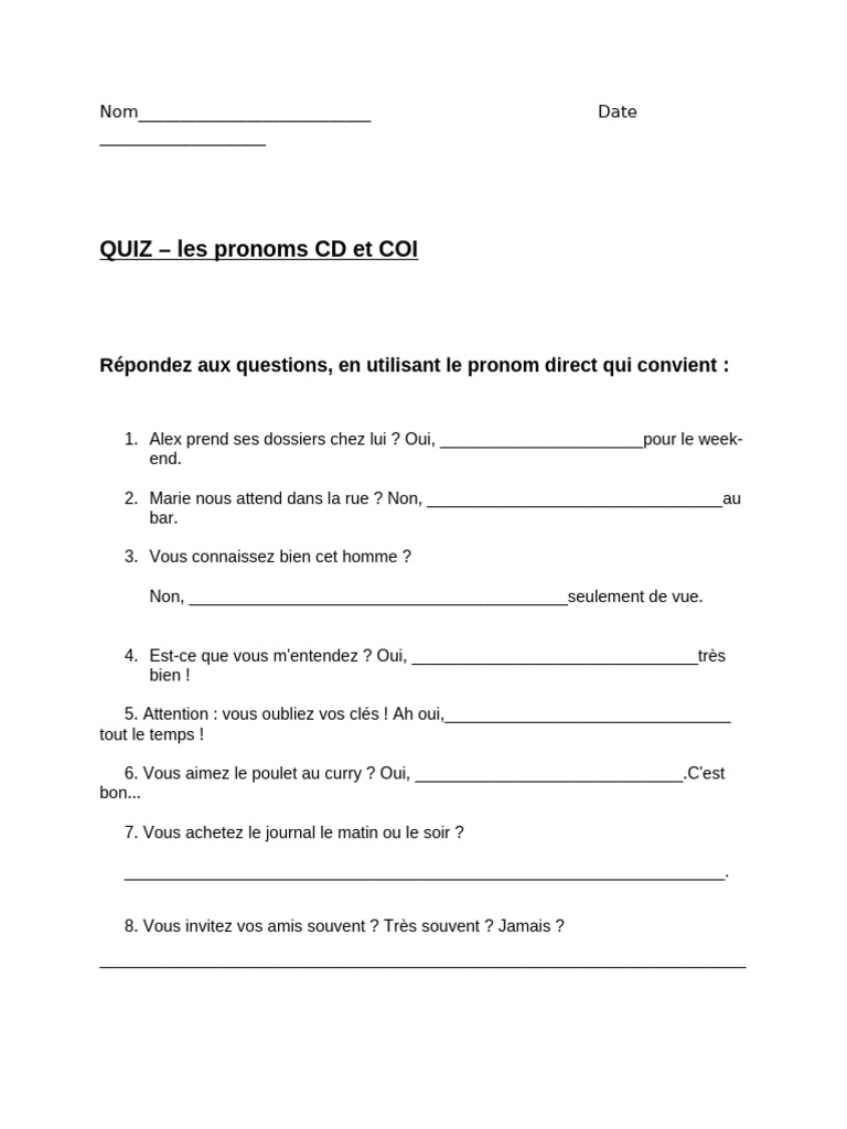 Quiz sur les pronoms CD et COI | PDF
