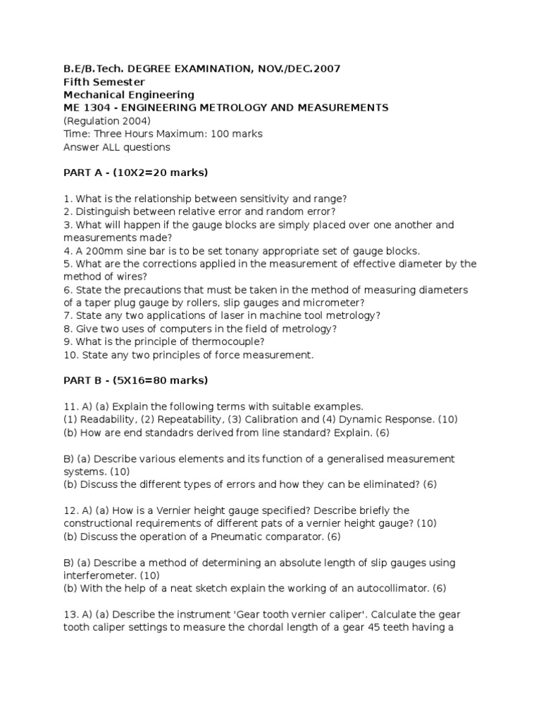 Me 1304 - Engineering Metrology and Measurements | PDF | Metrology | Gear