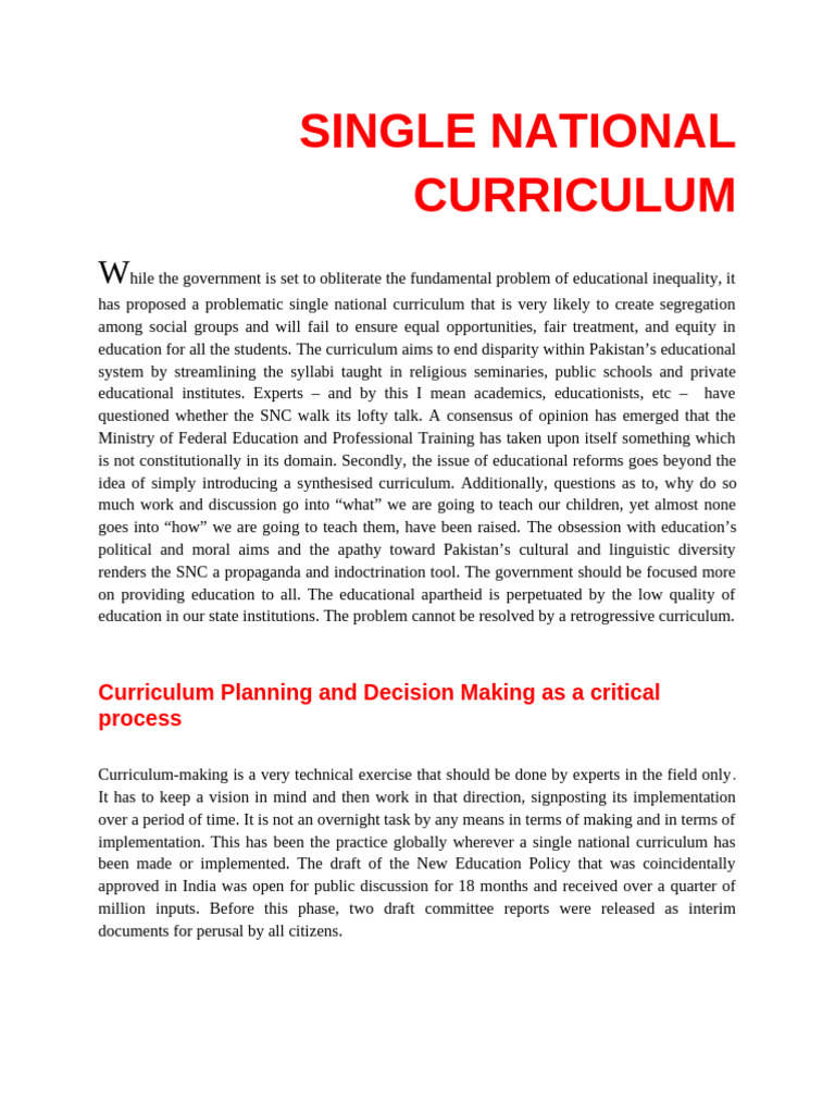 Single National Curriculum | PDF | Muhammad Ali Jinnah | Curriculum