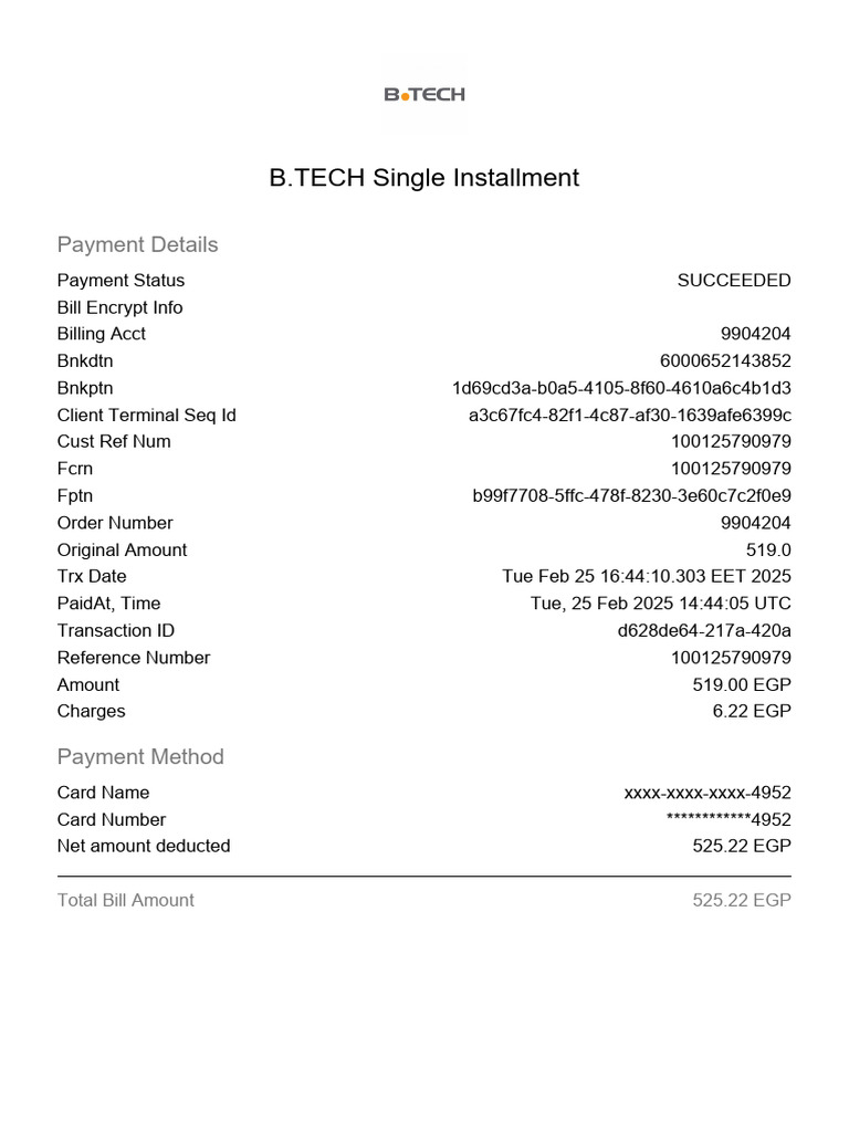 B.TECH Payment Confirmation Details | PDF