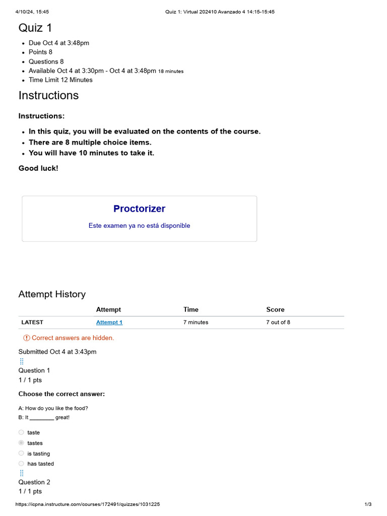 Quiz 1 Instructions and Questions | PDF