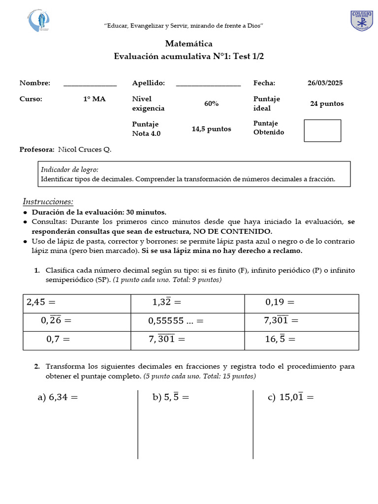 Test de Matemáticas: Decimales y Fracciones | PDF | Lexicología ...