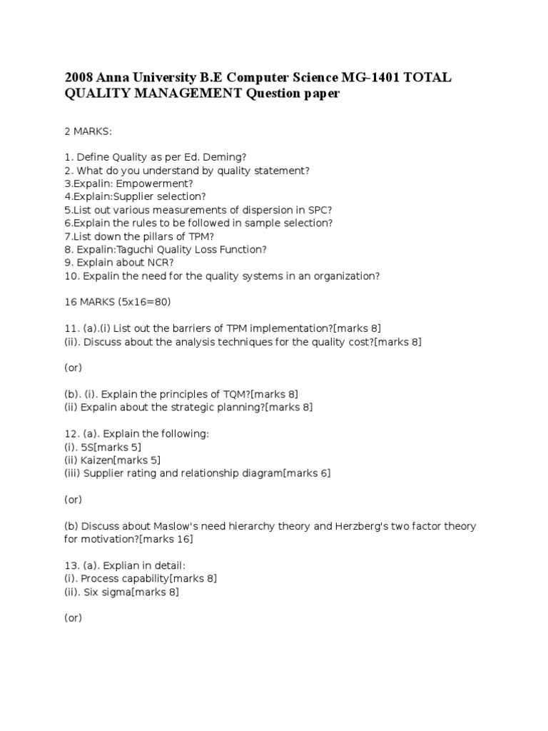 Mg-1401 Total Quality Management Question Paper | PDF
