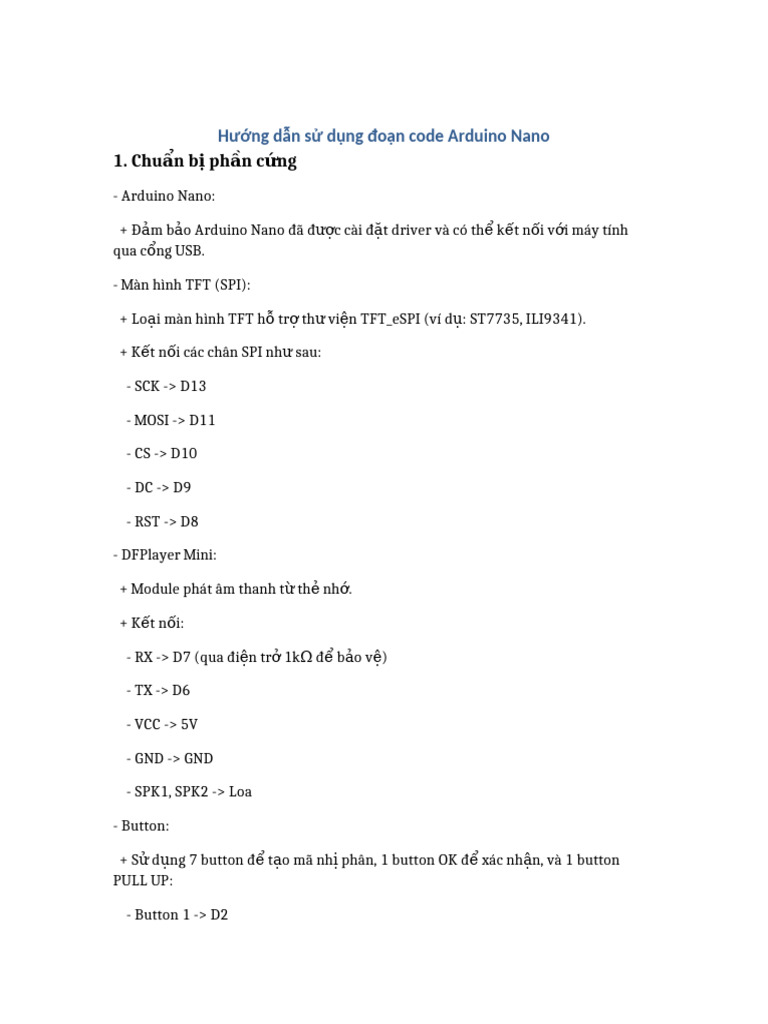 Hướng dẫn sử dụng đoạn code Arduino Nano | PDF