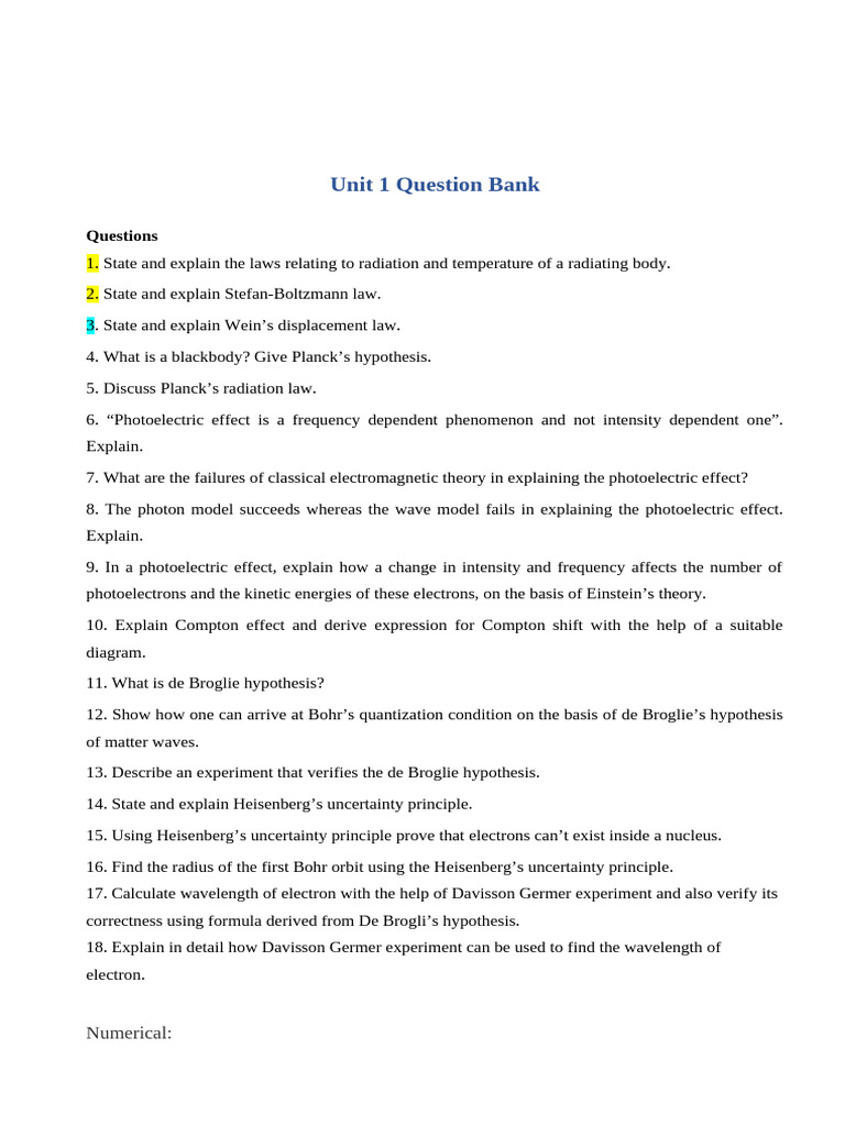Unit 1 Question Bank | PDF | Photoelectric Effect | Electron