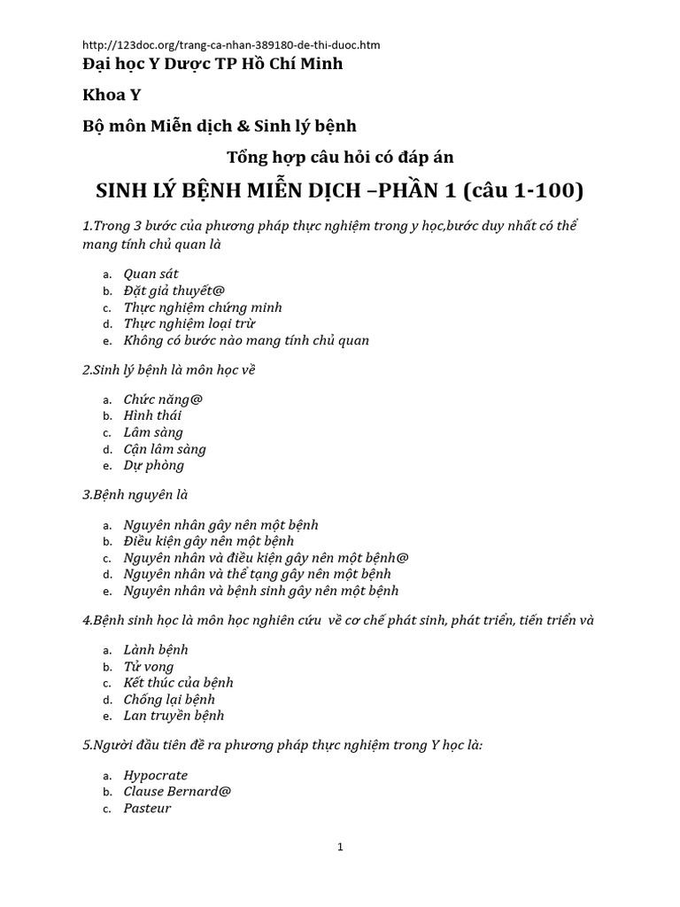(123doc) Sinh Ly Benh Mien Dich Tong Hop Trac Nghiem Co Dap An Phan 1 | PDF