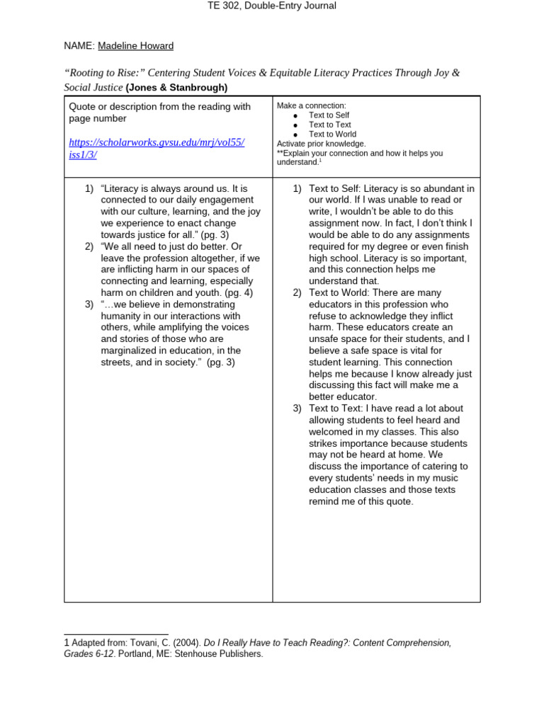 TE 302, Double Entry Journal, Jones & Stanbrough, SPR 2025 | PDF | Learning