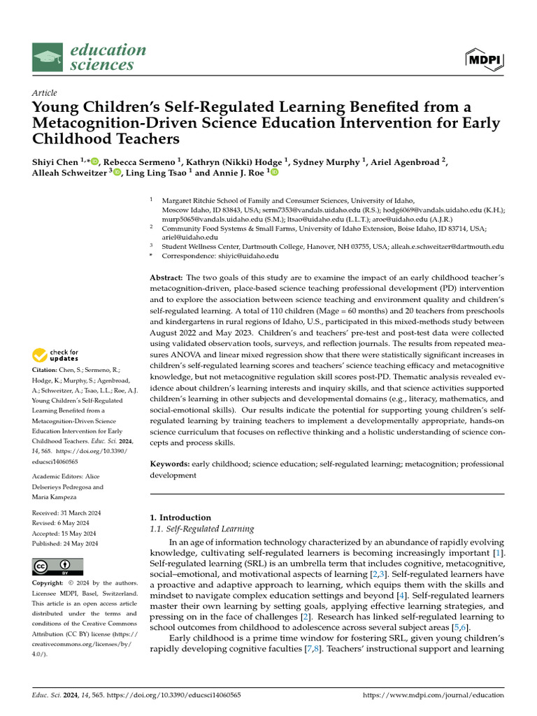 Education 14 00565 v2 | PDF | Learning | Metacognition