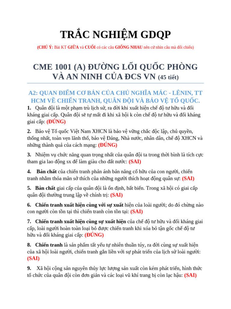 TRẮC-NGHIỆM-GDQP | PDF