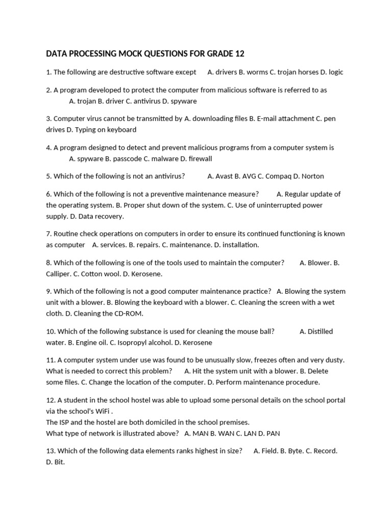 Grade 12 Data Processing Mock Questions | PDF | Malware | Microsoft Word