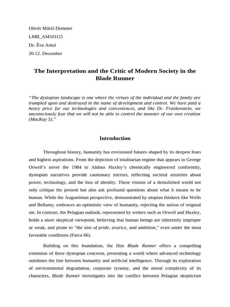 Essay - Blade Runner - Oliver Mario Demeter | PDF | Dystopia