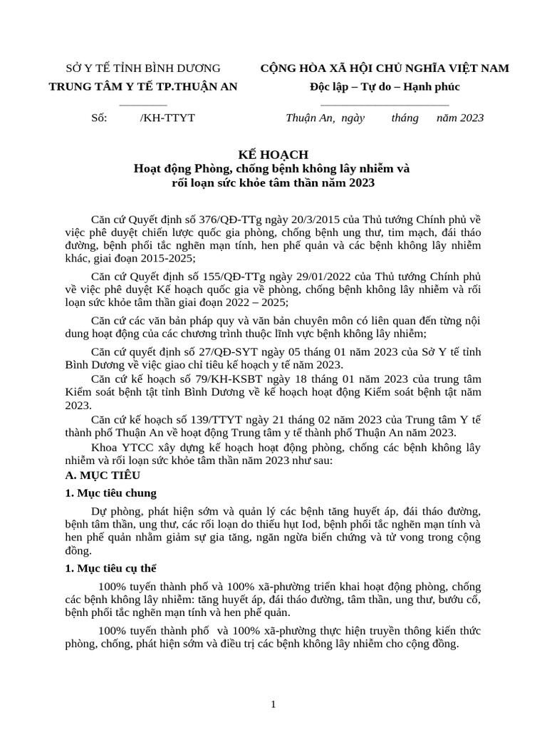 KH PC Benh Khong Lay 2023 | PDF