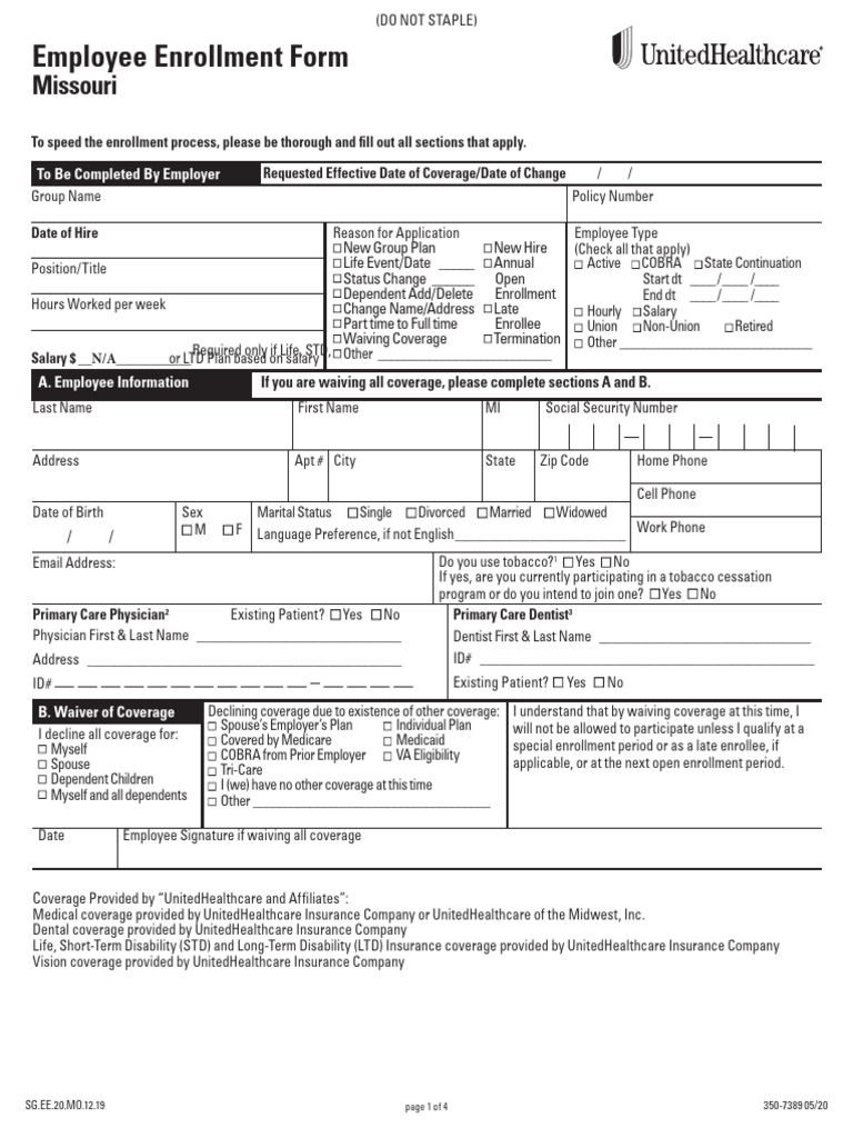 Uhc - Employee Enrollment Form - MO - 2-50 - UnitedHealthcare.2022 ...