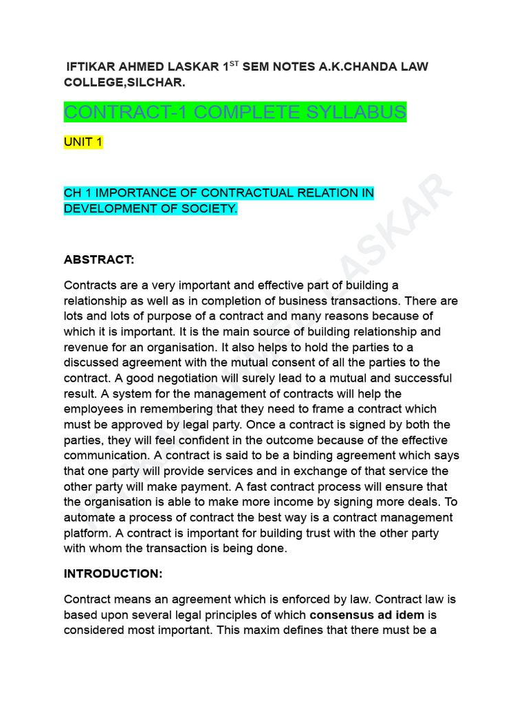 Contract 1 Notes Iftikar | PDF | Offer And Acceptance | Consideration